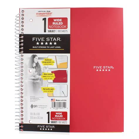 Five Star 1 Subject Wide Ruled Spiral Notebook Fire Red Shop