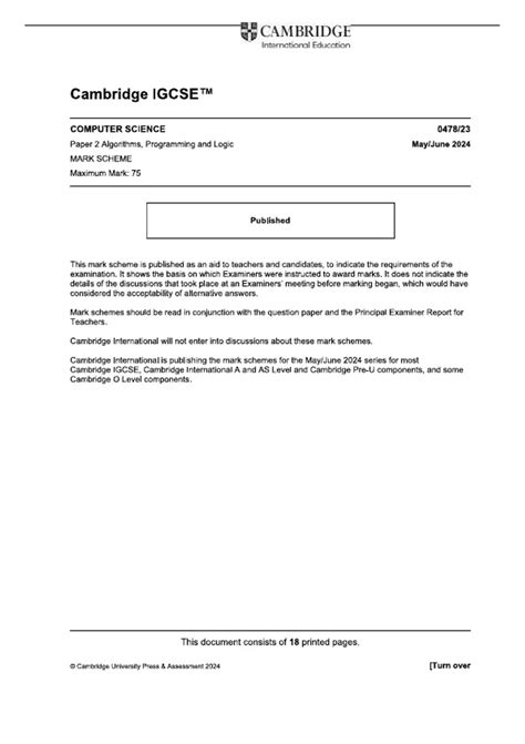 Cambridge Igcse Computer Science 047823 Paper 2 2024 Mark Scheme Computer Science Stuvia Uk