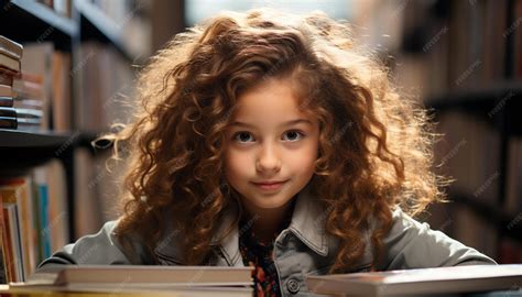 Premium Ai Image Cute Girl Reading Book Smiling Surrounded By Library
