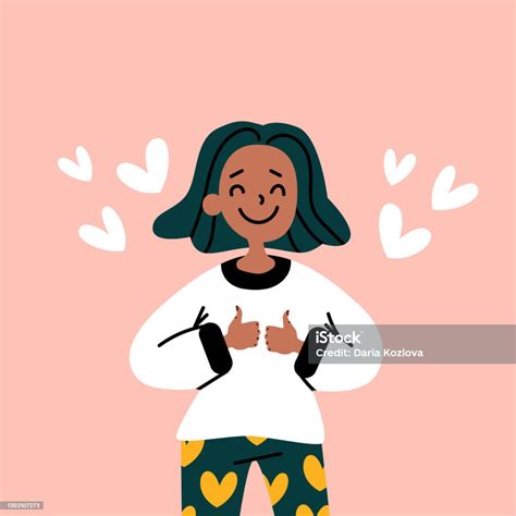 마음이 있는 긍정적인 여자 괜찮은 제스처 벡터 스톡 핸드 그린 일러스트레이션 자신을 사랑하고 자기 관리하고 몸을 사랑하고 행복하고 자신감 있는 개념을 사랑하십시오 카드 자기