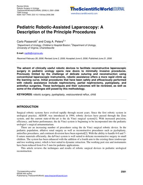 Pdf Pediatric Robotic Assisted Laparoscopy A Description Of The