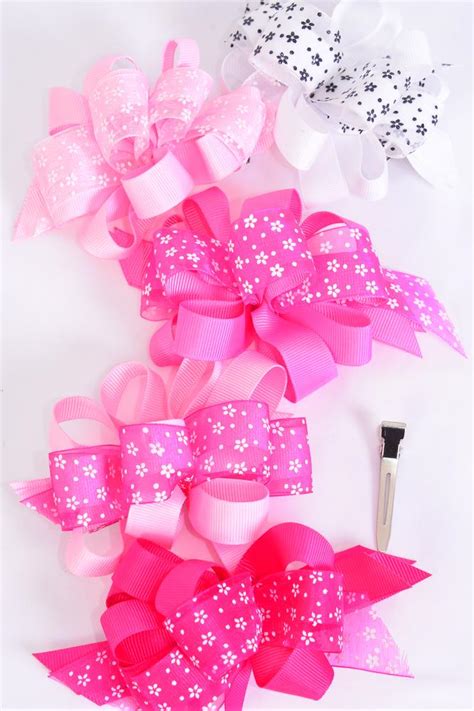 Hair Bow Jumbo Double Layered Chiffon Flower Loop Bow Grosgrain Bow 12 Pcs Bow Dozen Pink