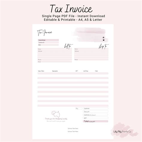 Editable PDF Tax Invoice Printable Editable Professional Tax Invoice Pink Water Colour