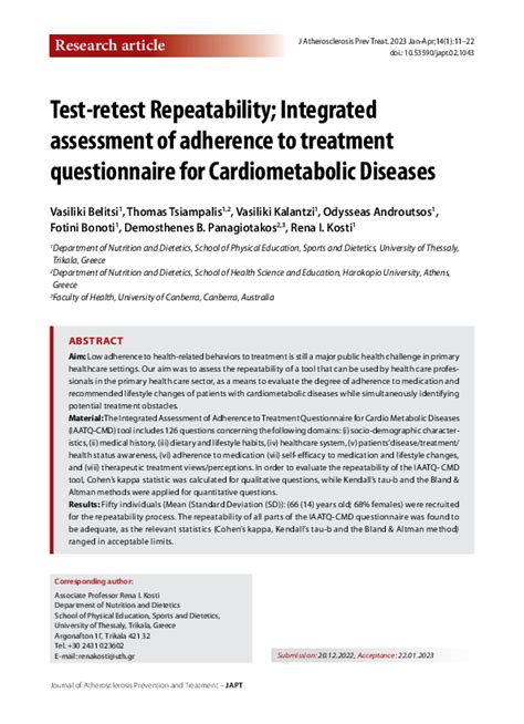 Pdf Test Retest Repeatability Integrated Assessment Of Adherence To Treatment Questionnaire