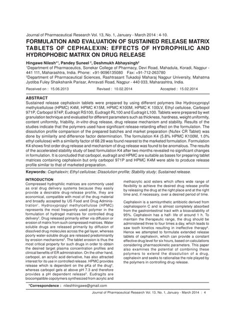 Pdf Formulation And Evaluation Of Sustained Release Matrix Tablets Of Cephalexin Effects Of