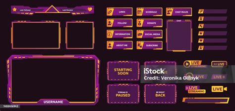 게임 스트림 오버레이 게임 화면 네온 컬러 카메라 테두리 및 라이브 채팅 템플릿에 대한 미래 지향적 인 Ui 그래픽 프레임 팔로우 및 기부 버튼 벡터 세트 Brand