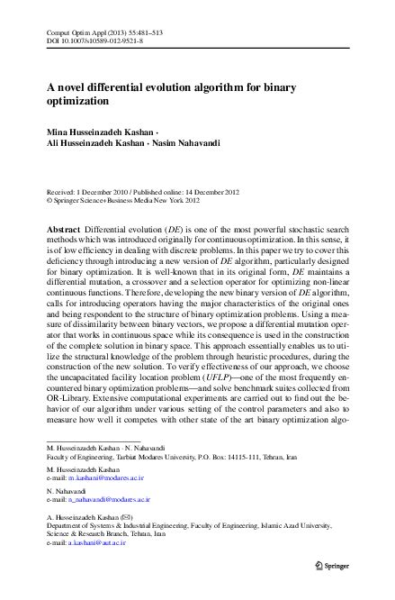 Pdf A Novel Differential Evolution Algorithm For Binary Optimization