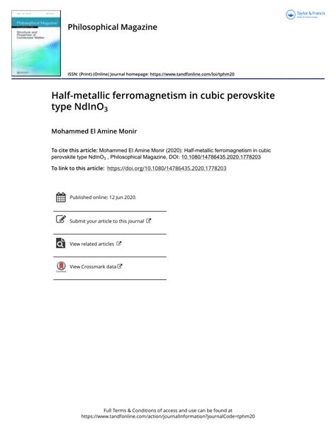 Pdf Half Metallic Ferromagnetism In Cubic Perovskite Type Ndino3