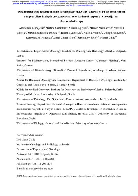 Pdf Data Independent Acquisition Mass Spectrometry Dia Ms Analysis Of Ffpe Rectal Cancer