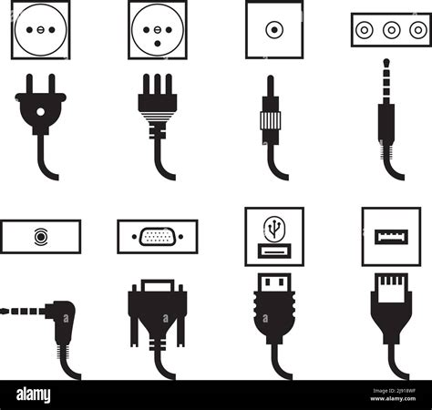 Electric Outlet And Plug Icons Set Energy Socket Jack Video Connector Usb And Audio Standard