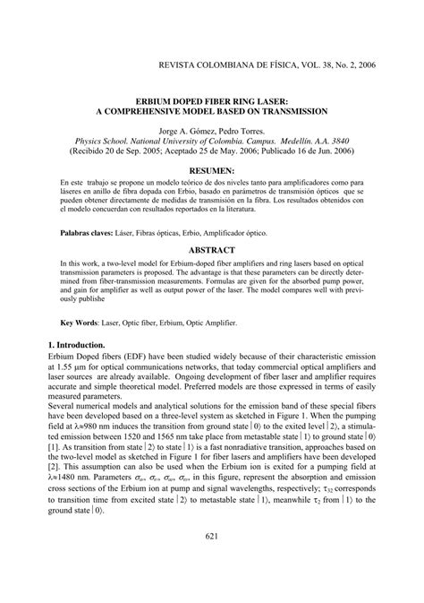 Pdf Erbium Doped Fiber Ring Laser A Comprehensive Model Based On
