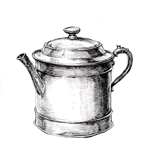 Antique Silver Teapot Detailed Ink Drawing Stock Illustration