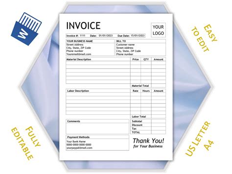Professional Editable Word Invoice Template With Logo For Etsy