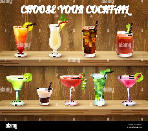 Drinks Realistic Composition With Two Shelves And Various Cocktail