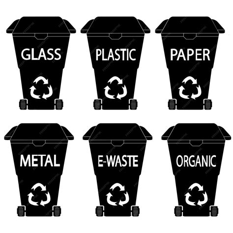 쓰레기통 검은 쓰레기통 글리프 쓰레기통 흰색 바탕에 분류된 쓰레기가 있는 검은색 쓰레기통 세트 글리프 스타일의 다양한 유형의 쓰레기 유기 플라스틱 금속 종이