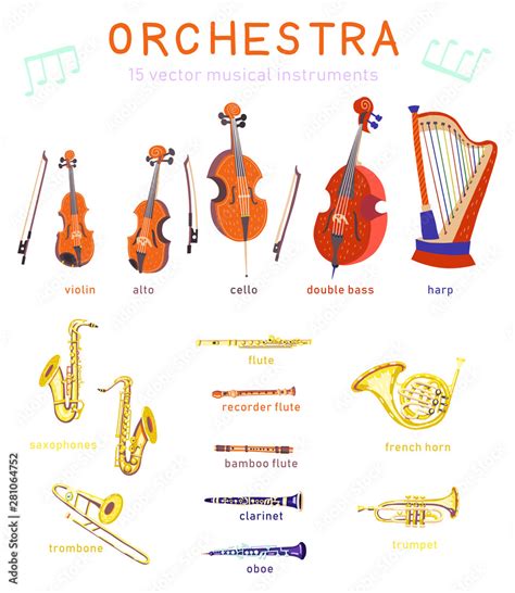 Big Set Of Vector Strings And Wind Classical Musical Instruments