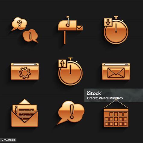 스톱워치 말풍선 느낌표 캘린더 메일 및 전자 메일 봉투 설정 및 질문 아이콘을 설정합니다 벡터 가리키기에 대한 스톡 벡터 아트