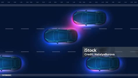 자율 스마트 자동차는 거리를 관찰 도로를 스캔에 간다 자치 자율 주행 전기 차 차선을 변경 하 고 도시 차량을 압도 미래 Hud 개념입니다 탑 뷰 자동차 벡터 교통수단에