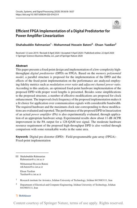 Efficient Fpga Implementation Of A Digital Predistorter For Power Amplifier Linearization