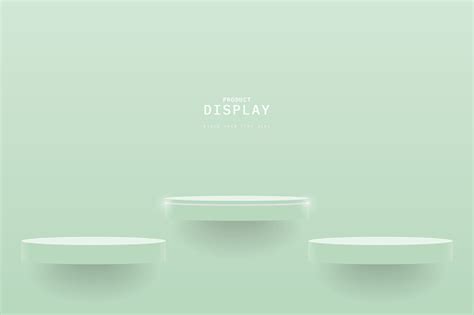녹색 사실적인 3d 실린더 연단이 떠 있거나 벽에 매달려 있는 녹색 최소 벽 장면 제품 디스플레이 프리젠테이션 또는 모형을 위한 디자인 벡터 렌더링 3차원 형태에 대한 스톡