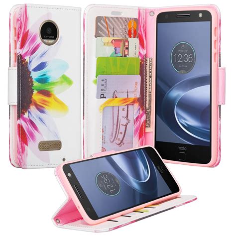 Moto Z Play Droid Case Wrist Strap Pu Leather Magnetic Fold Kickstand Wallet Case With Id