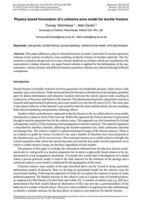 Pdf Physics Based Formulation Of A Cohesive Zone Model For Ductile Fracture