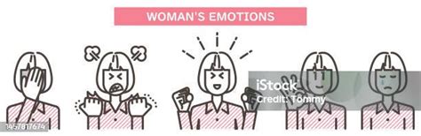다양한 포즈와 표정으로 다양한 감정을 표현하는 젊은 여성벡터 일러스트레이션 감정 시리즈에 대한 스톡 벡터 아트 및 기타 이미지