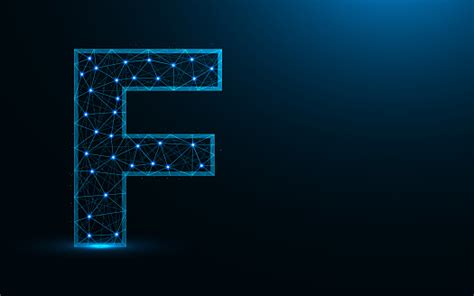 Letter F 낮은 폴리 디자인 알파벳 추상 기하학적 이미지 글꼴 와이어 프레임 메쉬 다각형 벡터 일러스트는 어두운 파란색 배경에 포인트와 선으로 만든 0명에 대한 스톡