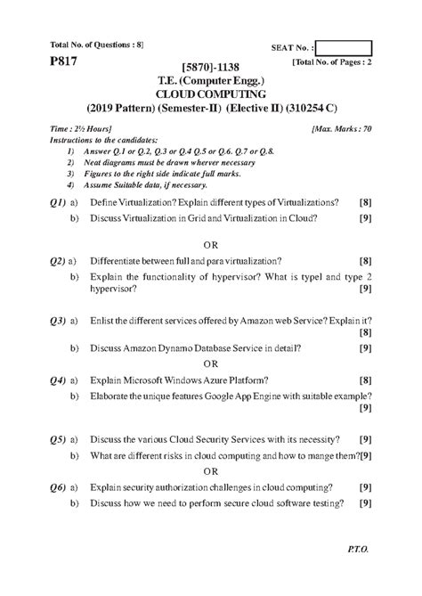 April 2022 Pyq Total No Of Questions 8 5870 T Computer Engg Cloud Computing 2019