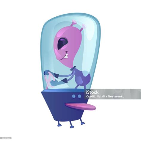 우주선 플랫 만화 벡터 일러스트에서 외계인 우주 차량을 운전하는 외계 상업용 애니메이션 인쇄 설계에 2d 문자 템플릿을 사용할