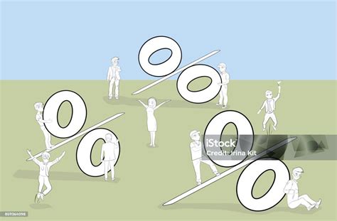 작은 사람 큰 백분율 기호 함께 작업의 밑그림 노동자 및 재무 기호 낙서 귀여운 미니어처 장면 손으로 그린 만화 벡터 일러스트