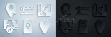 Set City Map Navigation Folded Location With Exclamation Mark Parking Car Barrier And Icon
