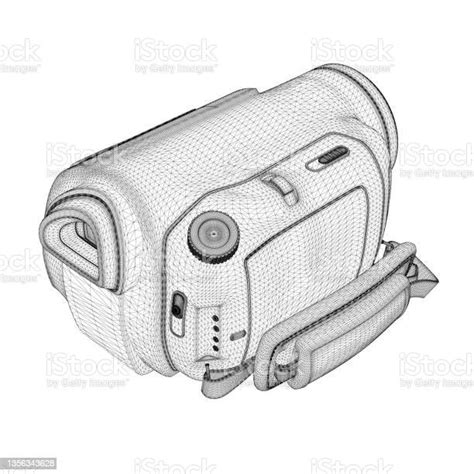 흰색 배경에 격리 된 검은 색 라인에서 수동 홈 비디오 카메라의 와이어 프레임 복고풍 디지털 비디오 카메라 등등 측정 보기 3d 벡터 일러스트레이션 0명에 대한 스톡 벡터