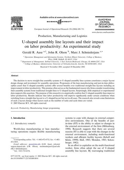 Pdf U Shaped Assembly Line Layouts And Their Impact On Labor Productivity An Experimental