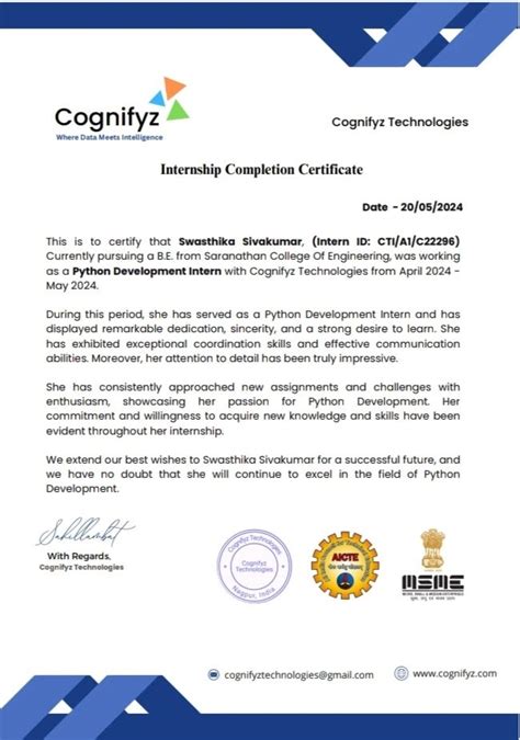 Completed Python Course From Cognifyz Swasthika Sivakumar Posted On The Topic Linkedin