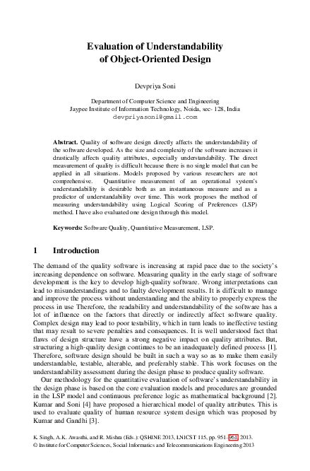 Pdf Evaluation Of Understandability Of Object Oriented Design