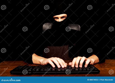 Dangerous Hacker In Black Balaclava Stock Image Image Of Information Computer 88874053