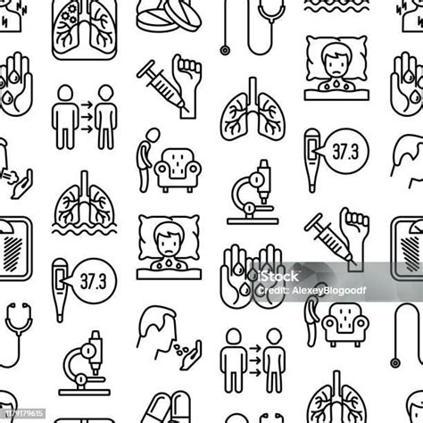 얇은 선 아이콘결핵 원활한 패턴 폐감염 엑스레이 이미지 마른 기침 가슴과 어깨의 통증 Mantoux 테스트 체중 감소 현대 벡터 그림입니다 X 레이에 대한 스톡 벡터 아트