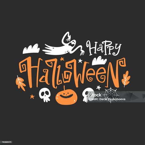 해피 할로윈 엠블럼 배너 포스터 인사말 카드 파티 초대에 대한 문자 구성 10월에 대한 스톡 벡터 아트 및 기타 이미지 10월 가을 개념 Istock