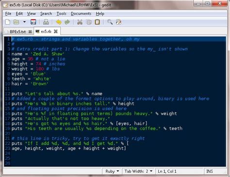 Testhead Exercise 5 More Variables And Printing Learn Ruby The Hard Way Practicum