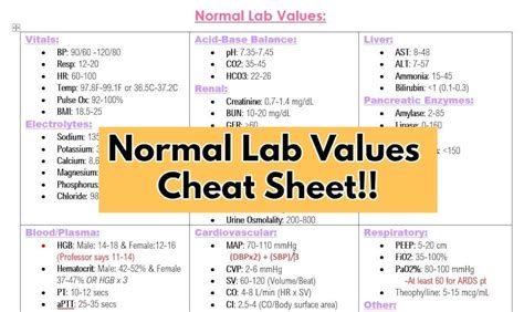 Normal Lab Value Cheat Sheet Etsy