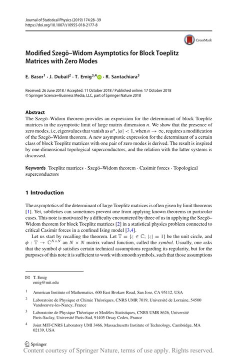 Modified Szegöwidom Asymptotics For Block Toeplitz Matrices With Zero Modes Request Pdf