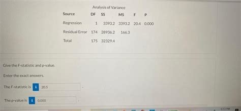 Solved Analysis Of Variance Source Df Ss Ms Fp Regression 1