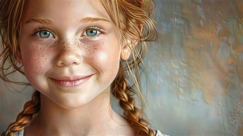 A Young Girl With Blonde Hair And Blue Eyes Looks At The Camera