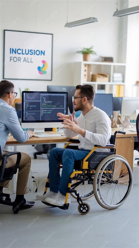 disability friendly office brilliant it programmer with disability in a wheelchair talks with