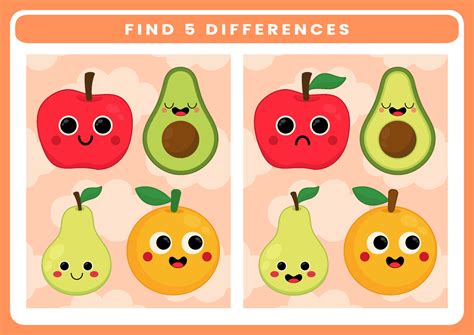 Find 5 Differences Between Two Pictures Of Cute Fruits Printable