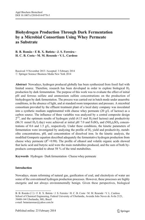 Pdf Biohydrogen Production Through Dark Fermentation By A Microbial Consortium Using Whey