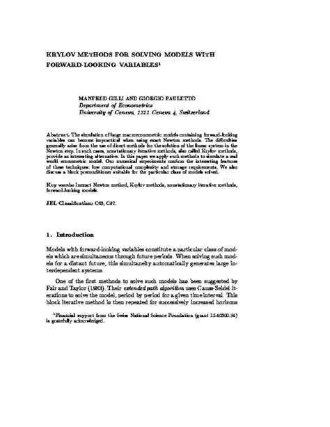 Pdf Krylov Methods For Solving Models With Forward Looking Variables