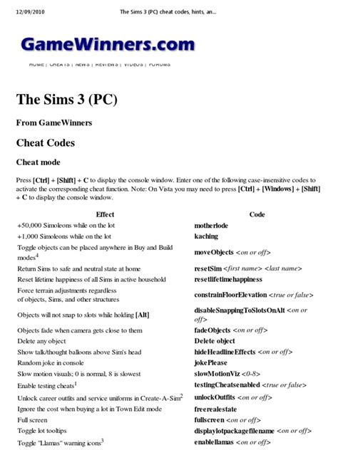 The Sims 3 Pc Cheat Codes Hints And Help Pdf Cheating In Video