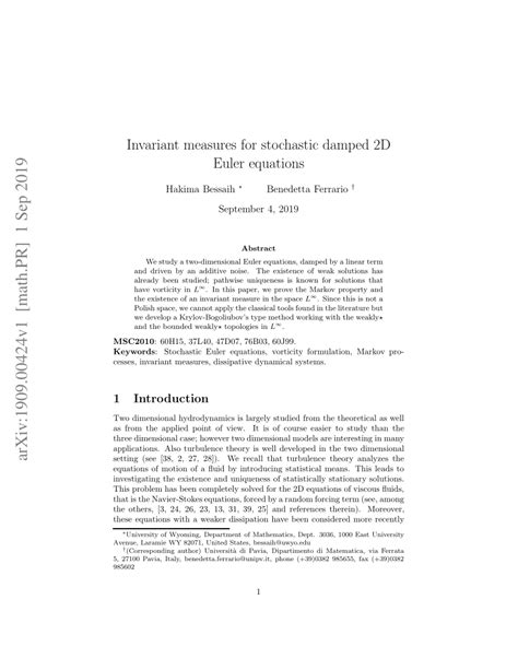 Pdf Invariant Measures For Stochastic Damped 2d Euler Equations
